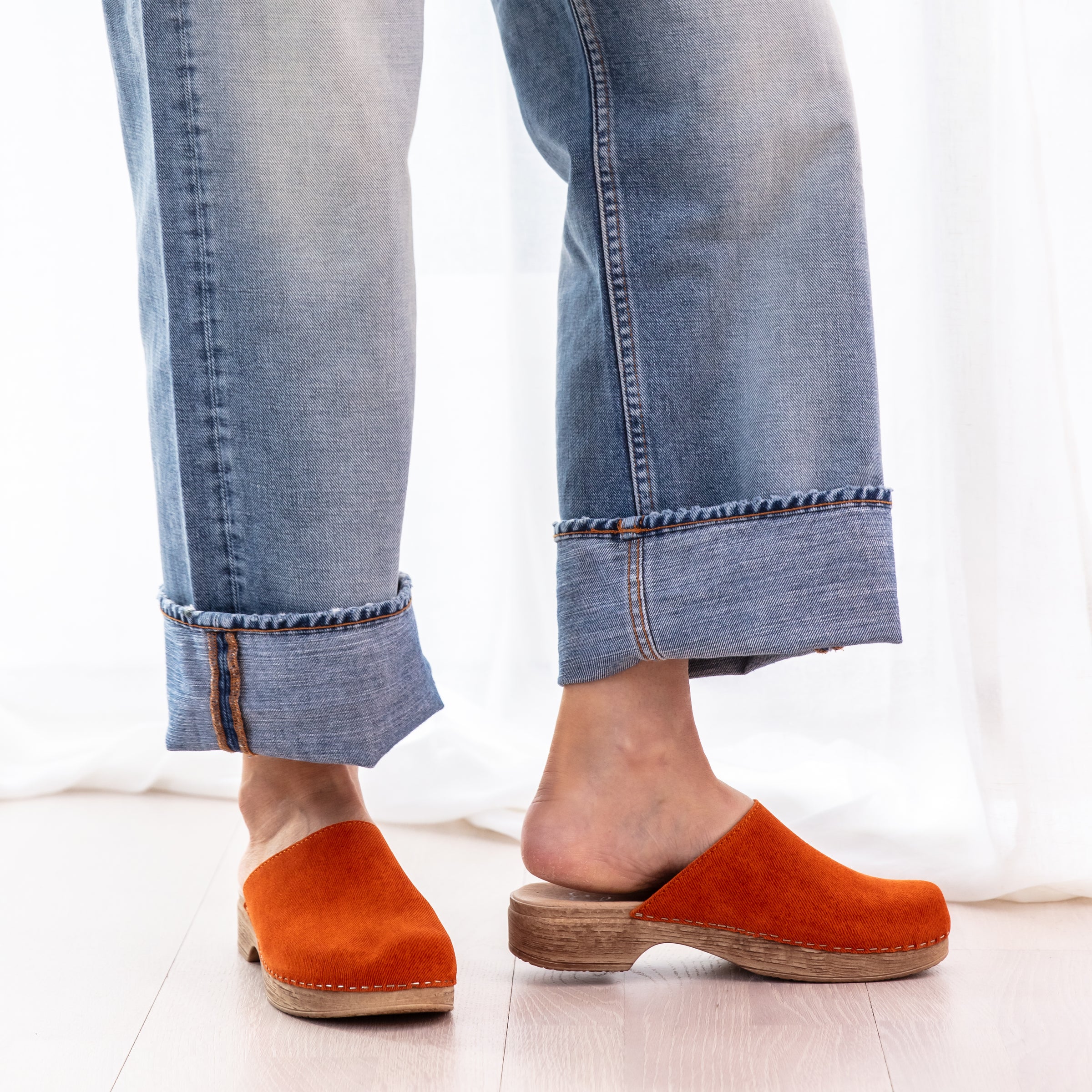 Calou Clogs - Helena Orange suede classic clog with low heel